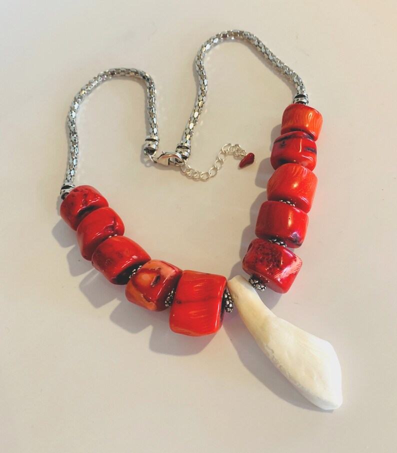 Genuine Coral Necklace With Buffalo Tooth Focal Bison Tooth - Etsy