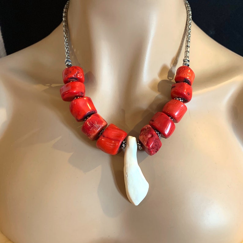Genuine Coral Necklace With Buffalo Tooth Focal Bison Tooth - Etsy