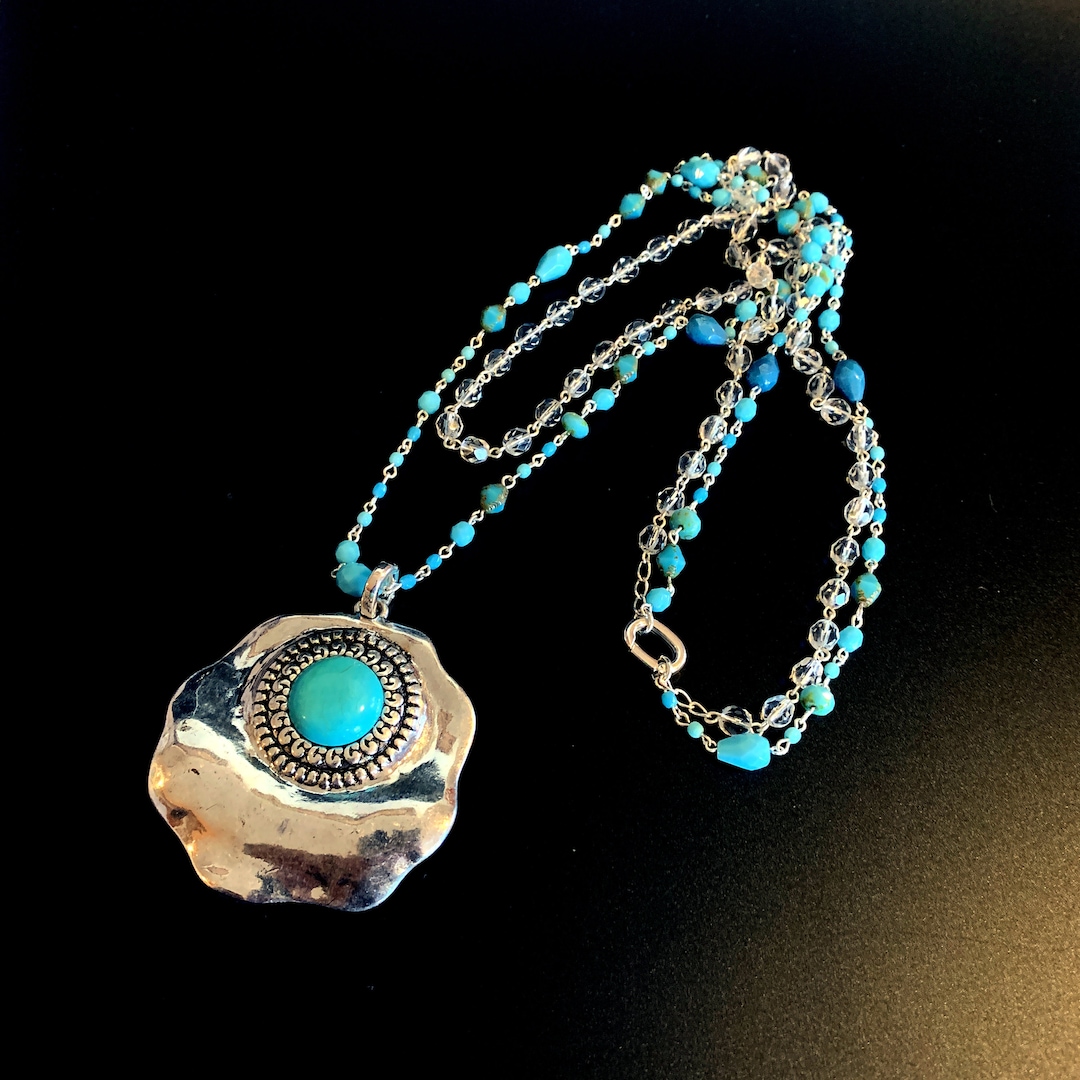 Large Turquoise and Silver Pendant on Turquoise Glass and Crystal ...