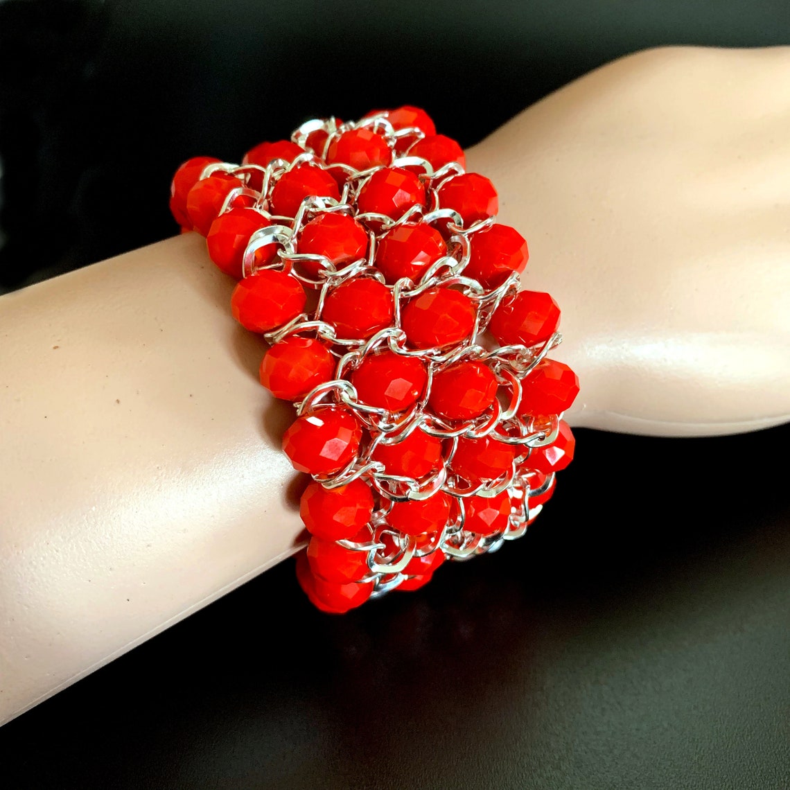 Red Orange Crystal and Chain Cuff Stretch Bracelet Stretch - Etsy