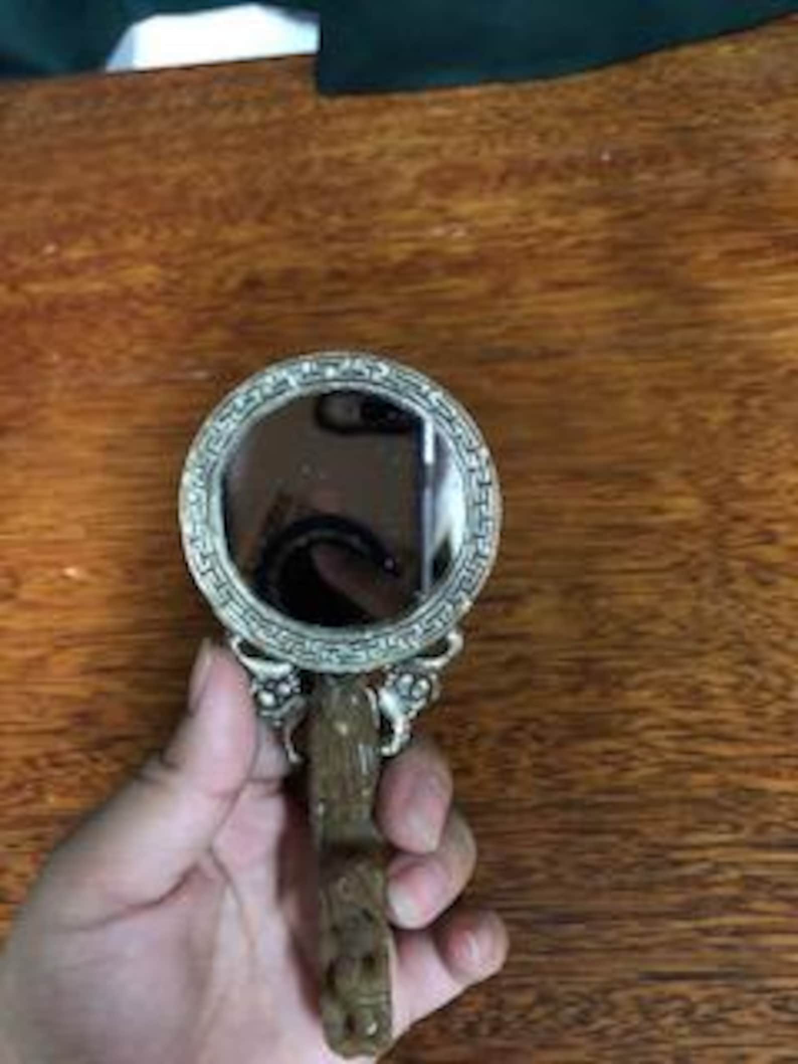Antique Chinese Handheld Mirror With Jade Dragon Carving Handle and Owl ...