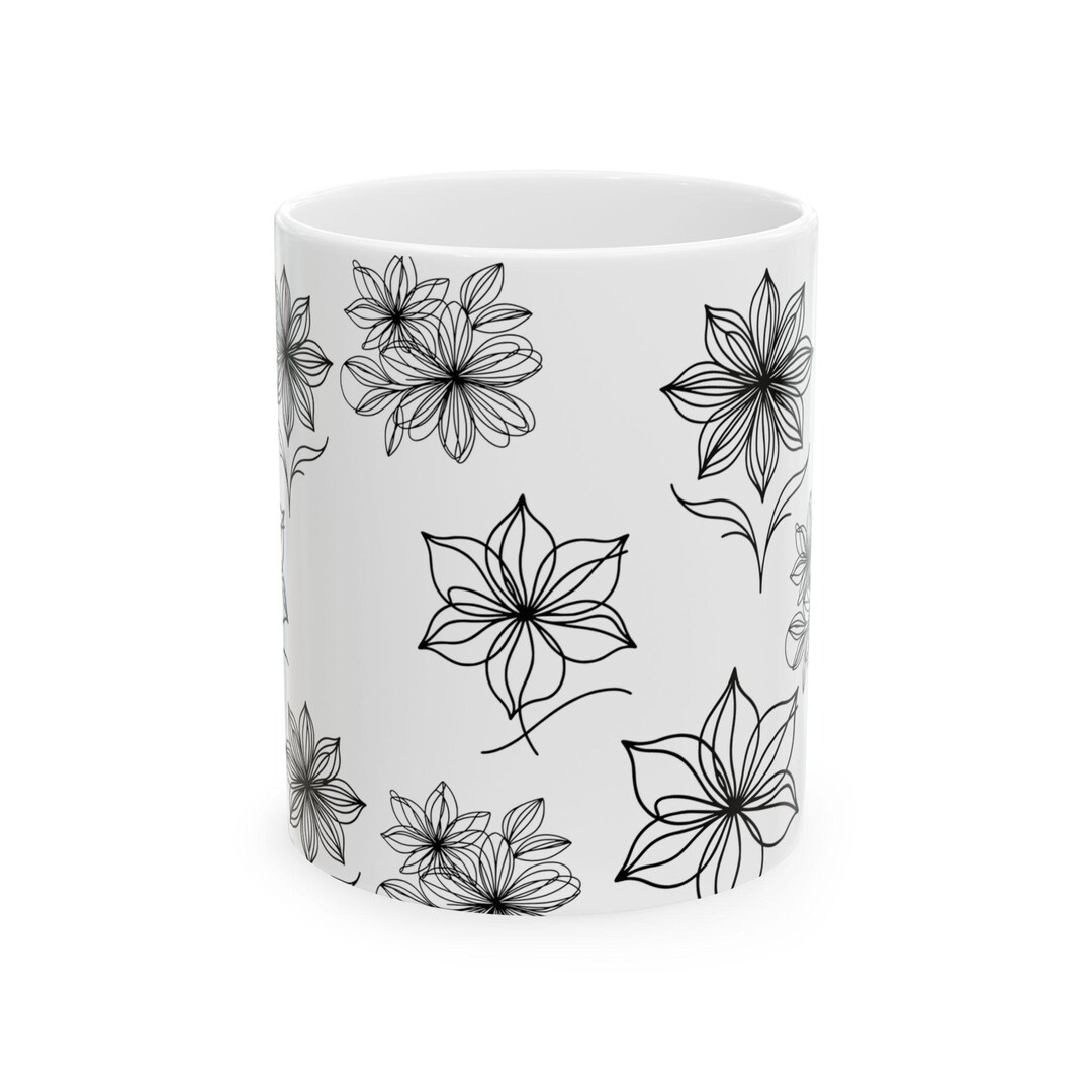 Flower Pattern Ceramic Mug Black & White Floral Coffee Cup, Monochrome ...