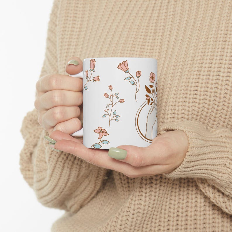 Flowers Pattern Ceramic Mug, Beautiful Floral Design Coffee Cup, 11oz ...