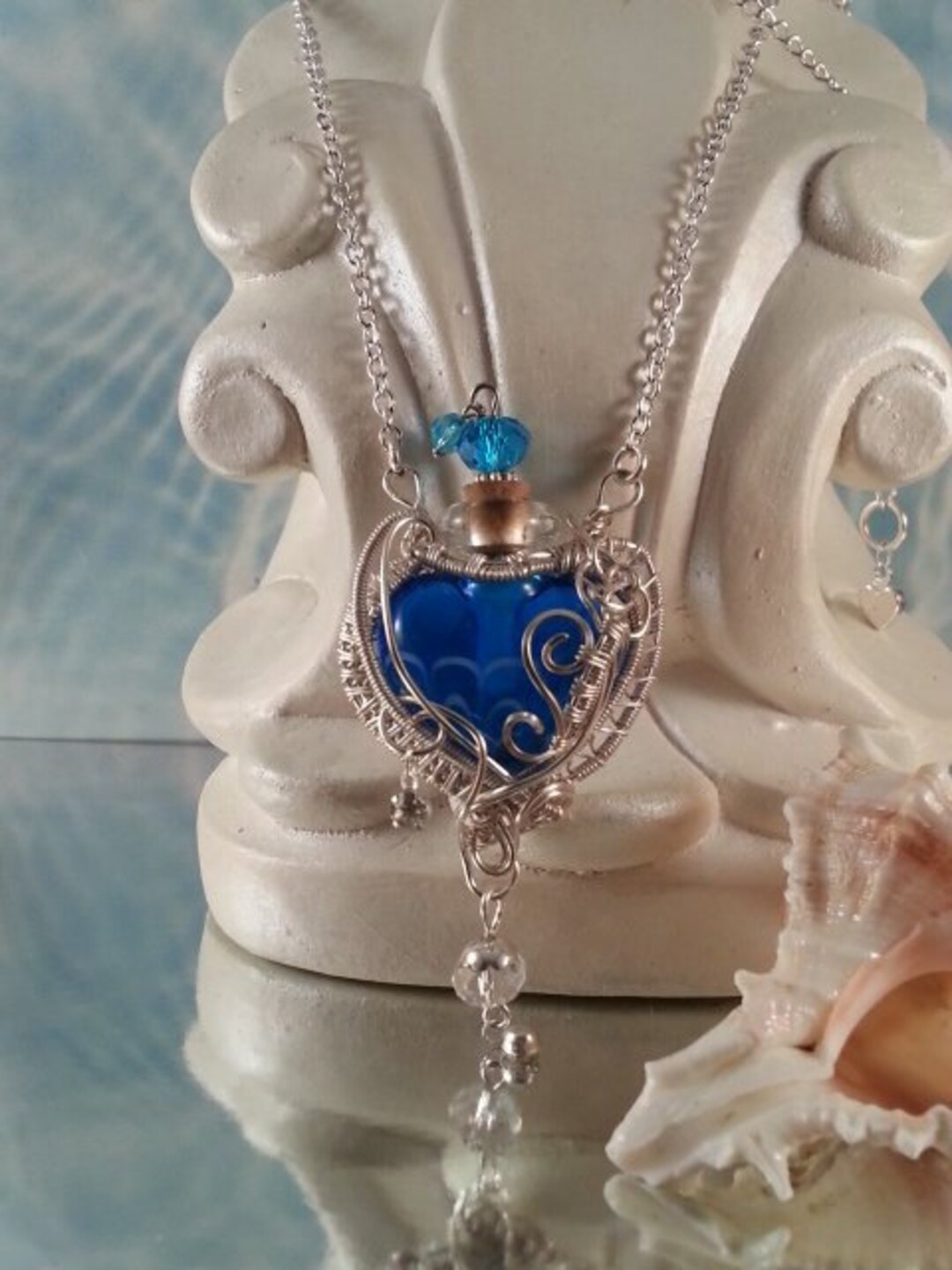Aroma Diffuser Necklace Venetian Heart, Blue Murano Glass Wire Wrapped ...