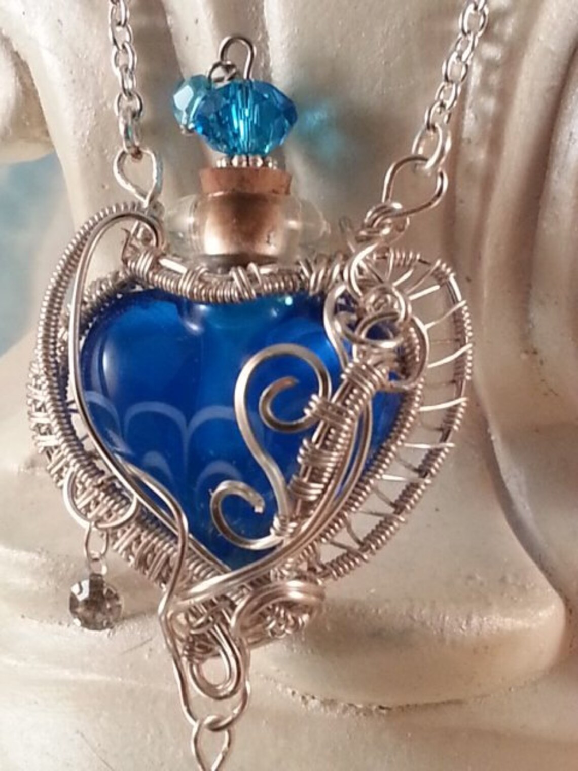 Aroma Diffuser Necklace Venetian Heart, Blue Murano Glass Wire Wrapped ...