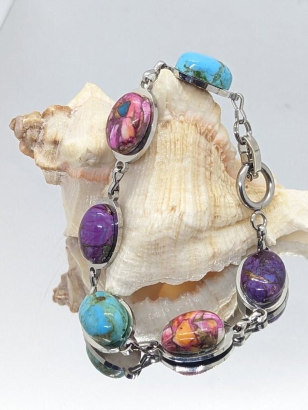 Qute Spiny Oyster/mojave Turquoise Oval Link Bracelet, Colorful, Silver ...