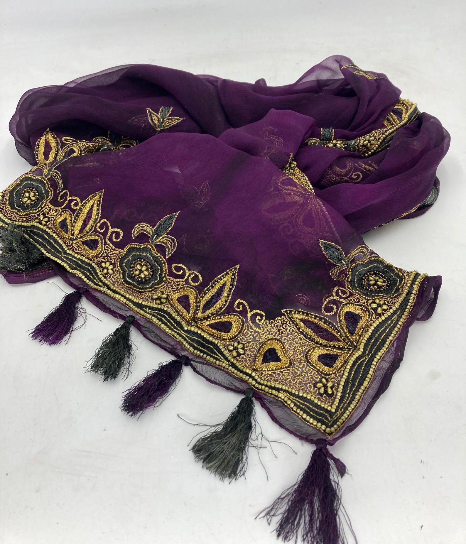 Hand-dyed Maroon Pure Silk Georgette Shawl:vintage Beaded Embroidered ...