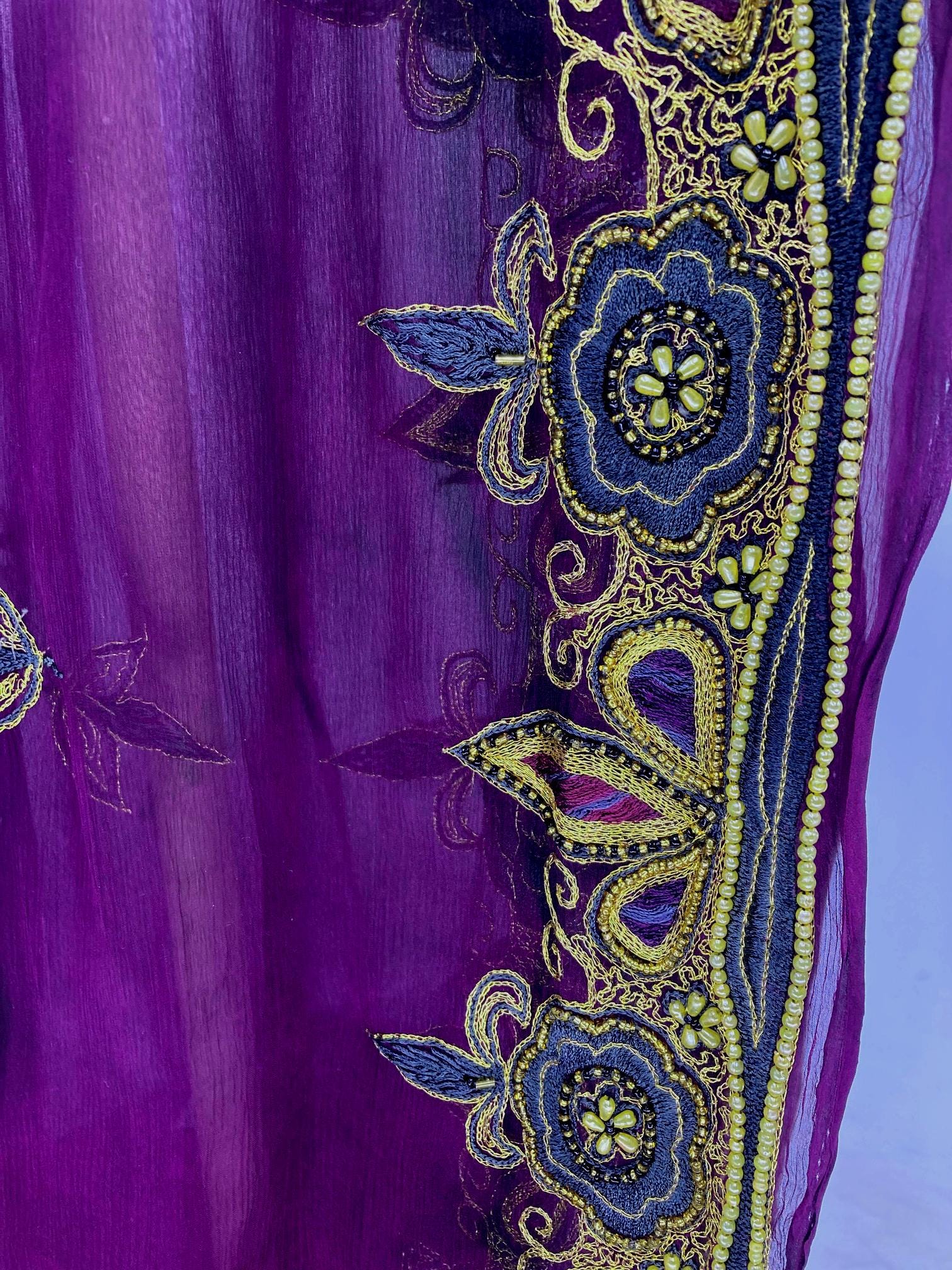 Hand-dyed Maroon Pure Silk Georgette Shawl:vintage Beaded Embroidered ...