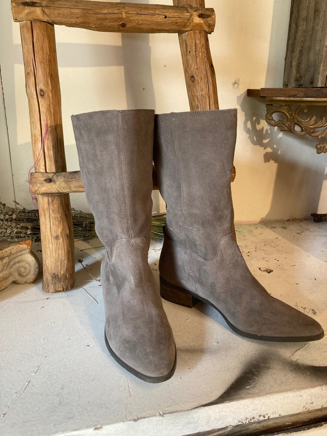 RARE Vintage Chic LUCKY BRAND Dove Grey Suede Boots Mid-calf Excellent ...