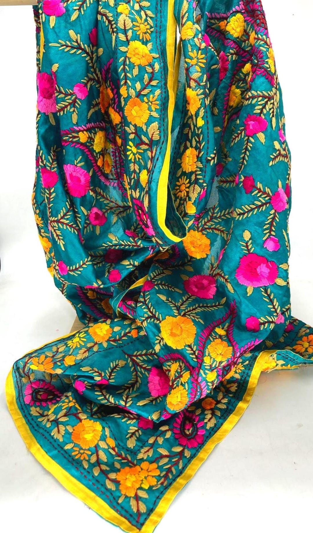 Elegant TEAL Floral PHULKARI Georgette Shawl Hand Dyed Embroidered ...