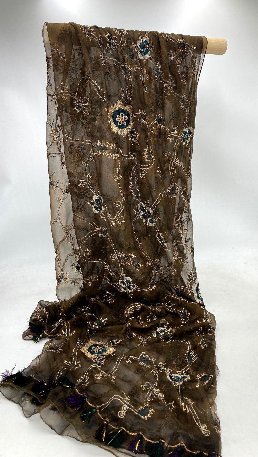 ELEGANT CHOCOLATE BROWN Vintage Shawl Pure Silk Georgette Silver Gold ...