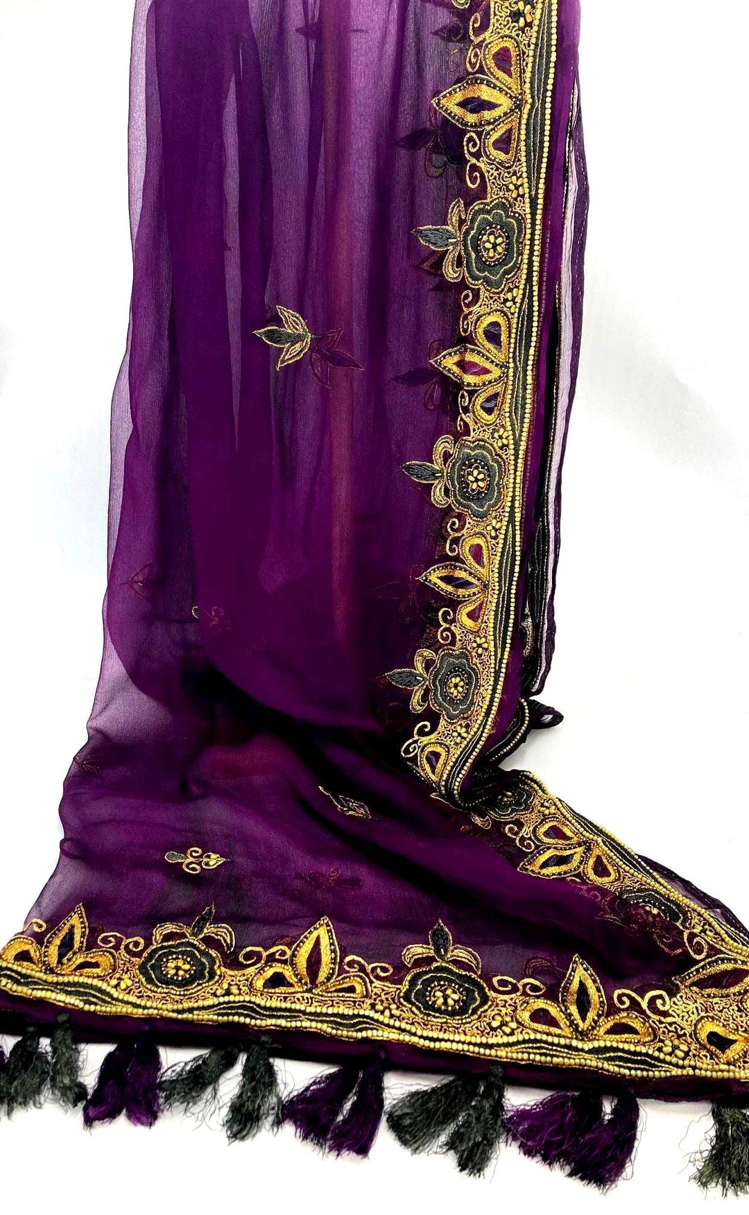 Hand-dyed Maroon Pure Silk Georgette Shawl:vintage Beaded Embroidered ...