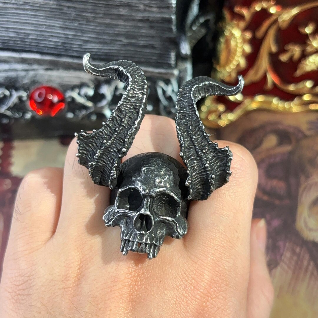 Gothic Demon Skull Ring – Chunky Baphomet Statement Ring for Men, Punk ...
