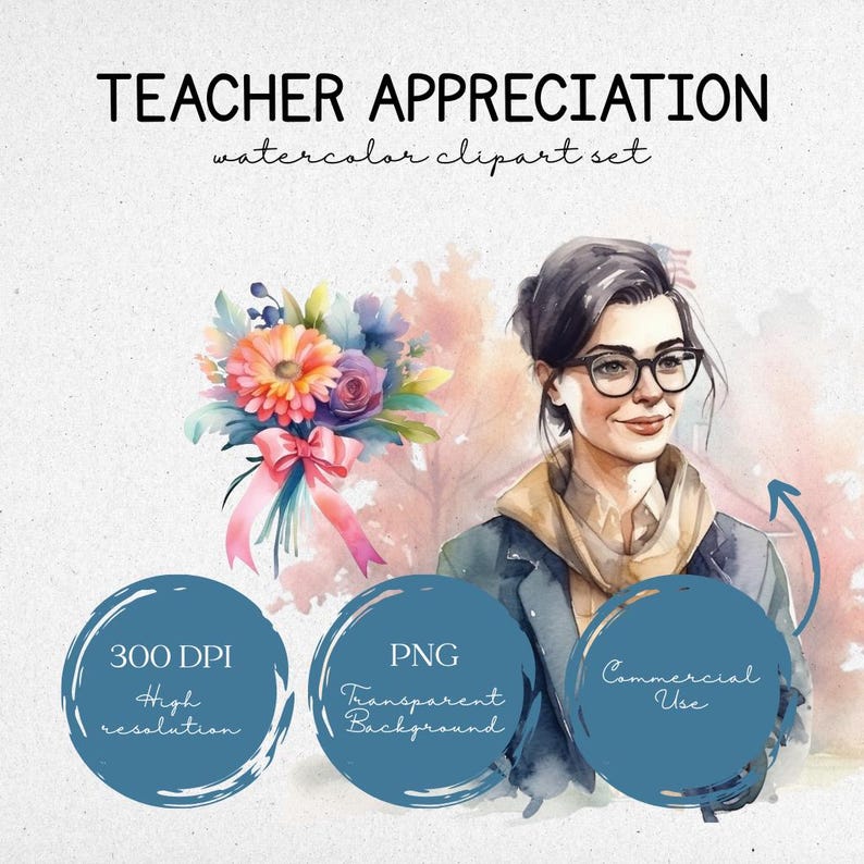 Watercolor Teacher Clipart: Appreciation Graphics Bundle (PNG) - Etsy ...