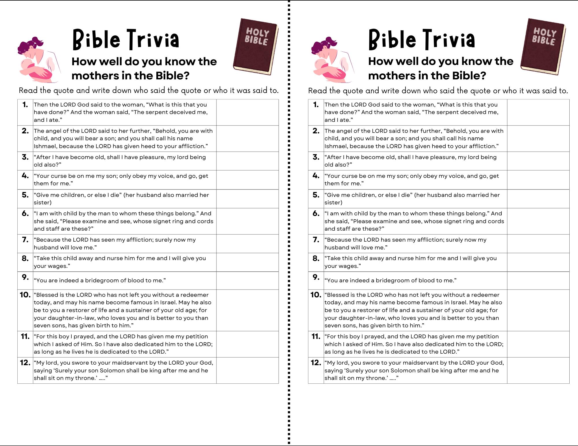 Mothers of the Bible Trivia Game - Etsy