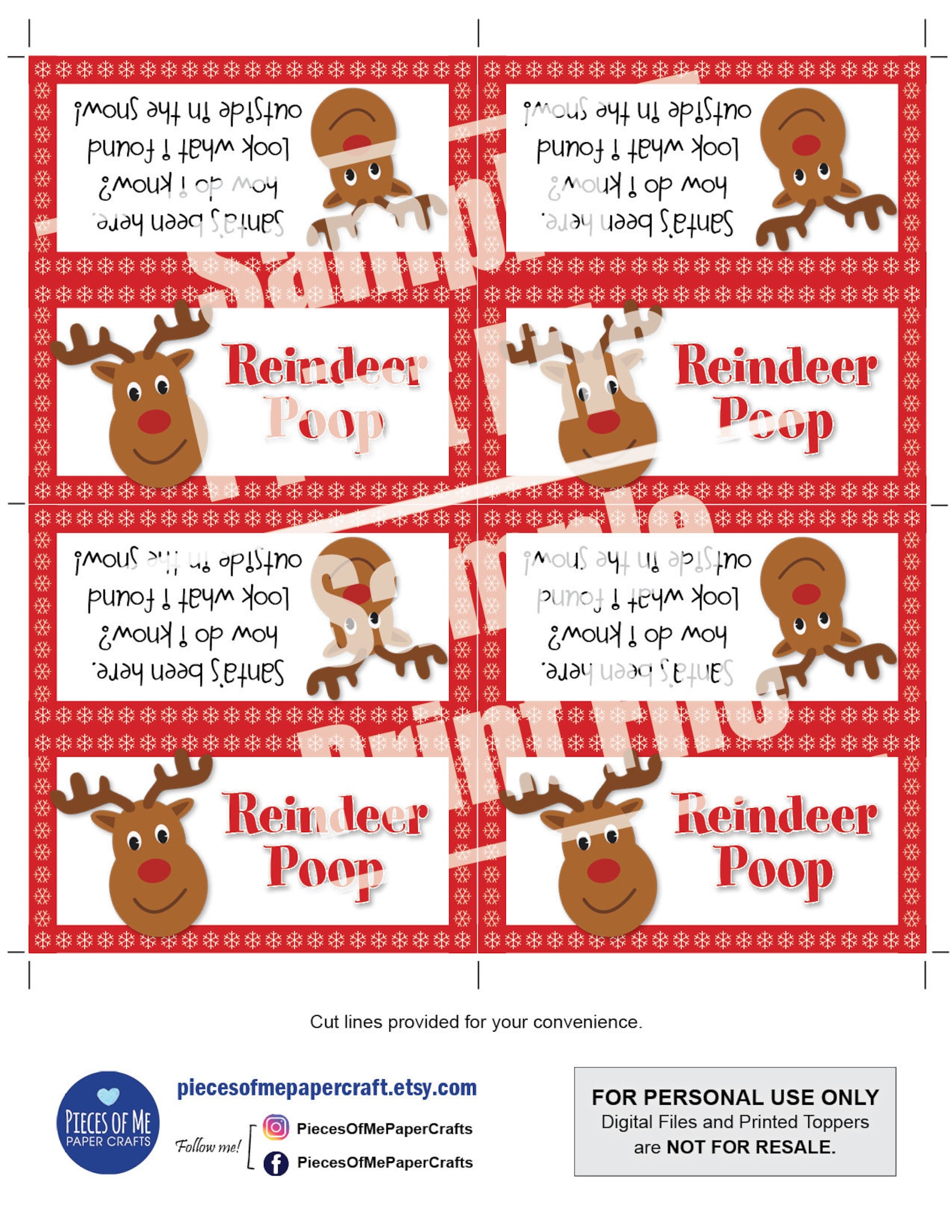 Reindeer Poop Treat Bag Toppers, 4 Inches, Printable, Instant Download ...