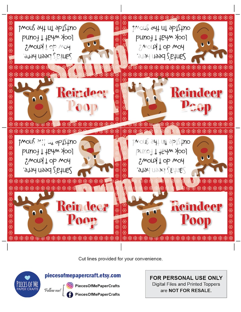 Reindeer Poop Treat Bag Toppers, 4 Inches, Printable, Instant Download ...