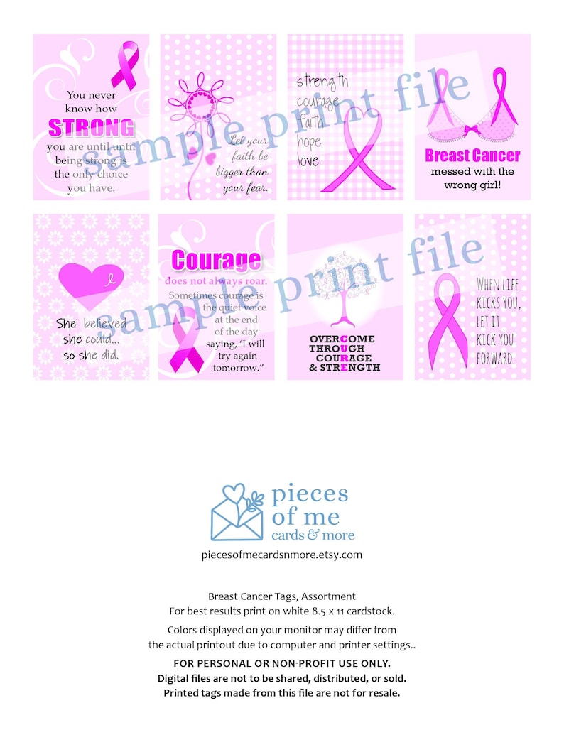 8 Breast Cancer Gift Tags, Printable Instant Download, Digital File ...