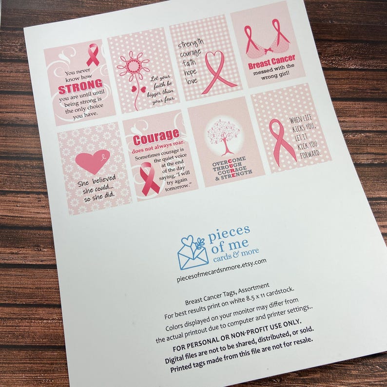 8 Breast Cancer Gift Tags, Printable Instant Download, Digital File ...