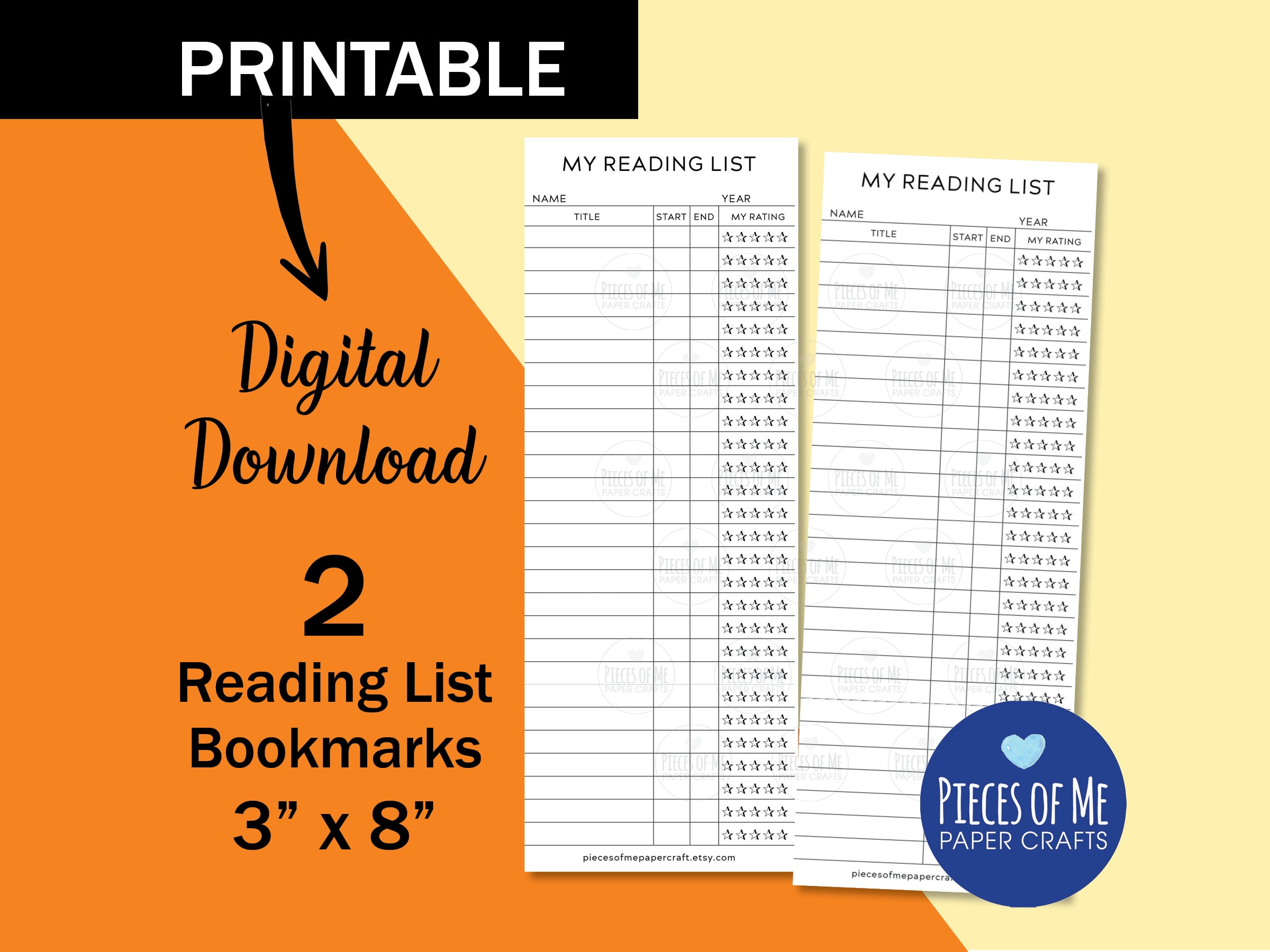 Reading List Bookmark Printable Instant Download 3x8 Library - Etsy