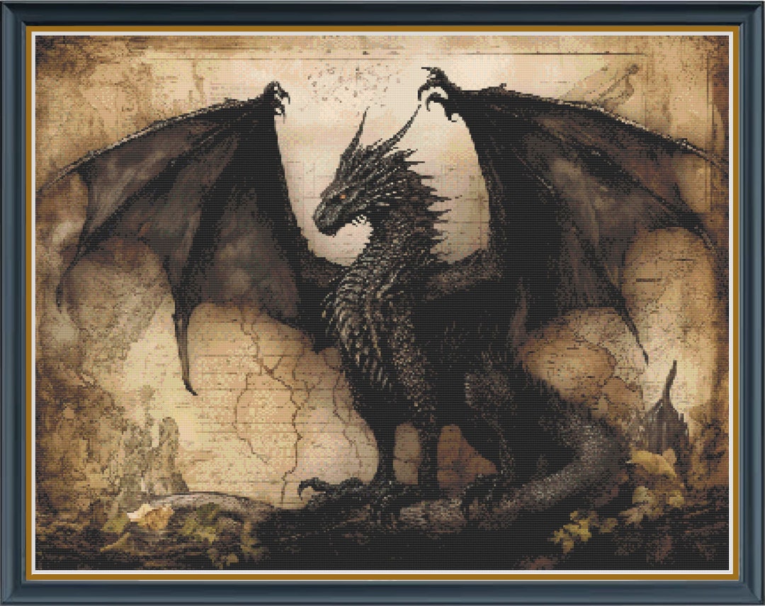 Mini Tairn Black Dragon Counted Cross Stitch Pattern, 32 Ct., 392x302 ...