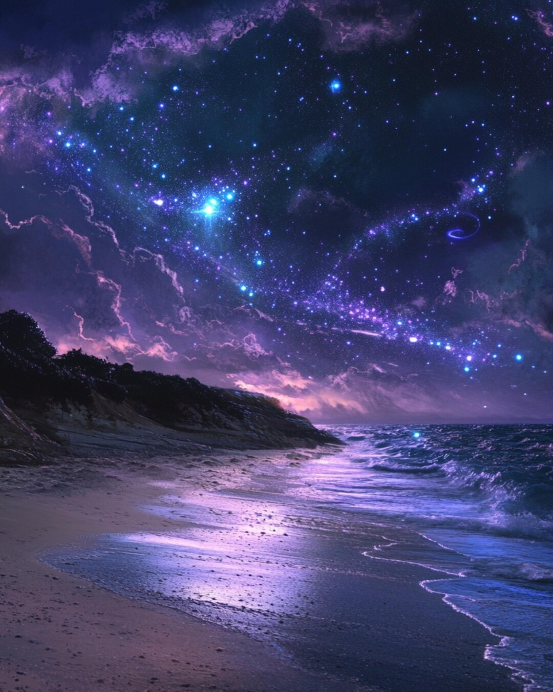 Otherworldly Beach Digital Art Print Liquid Starlight Waves and Glowing ...