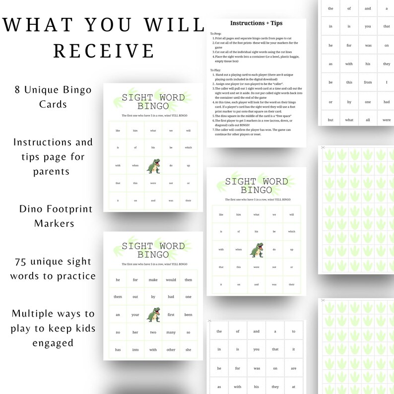 Educational Game Sight Word Bingo | Fun Dinosaur Themed Learning ...