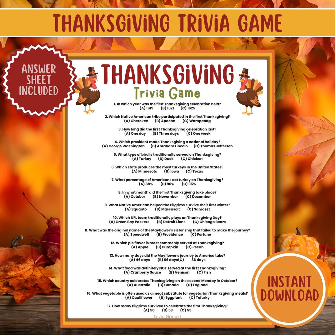 Thanksgiving Trivia Game Printable Fun Holiday Quiz for Families and ...