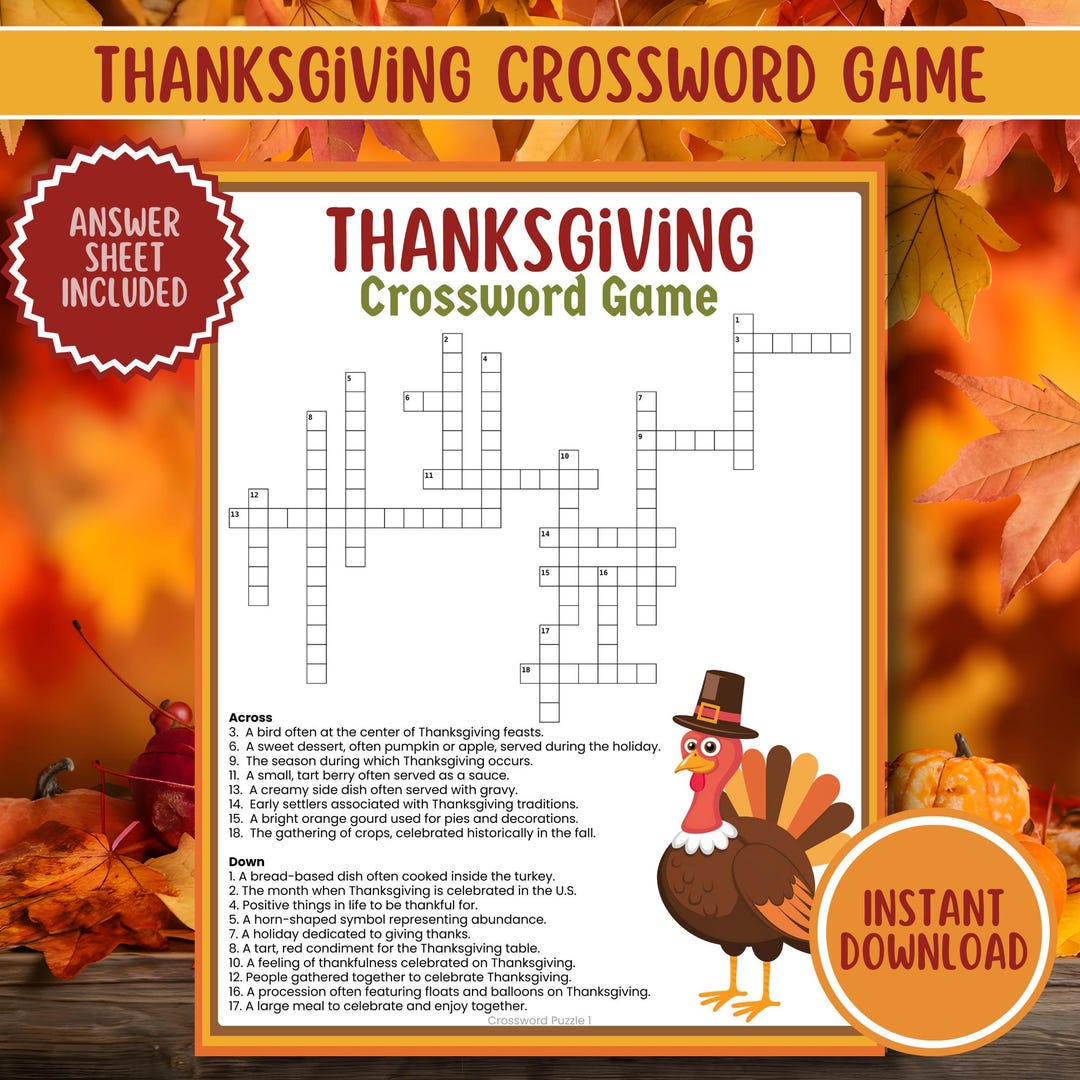 Thanksgiving Crossword Puzzle Printable Fun Thanksgiving Activity for ...