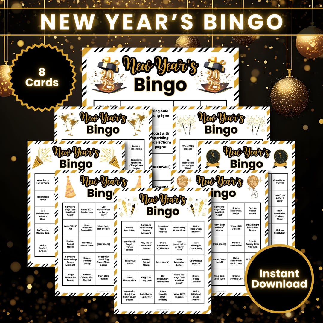 New Year's Bingo Game Printable Bingo Cards for New Year Party 8 Unique ...
