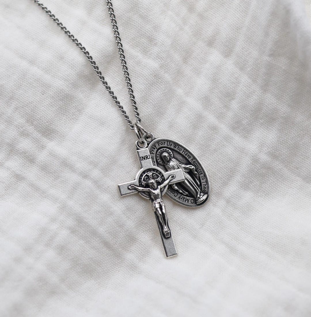 Stainless Steel St. Benedict Crucifix Necklace | Large Mens Catholic ...