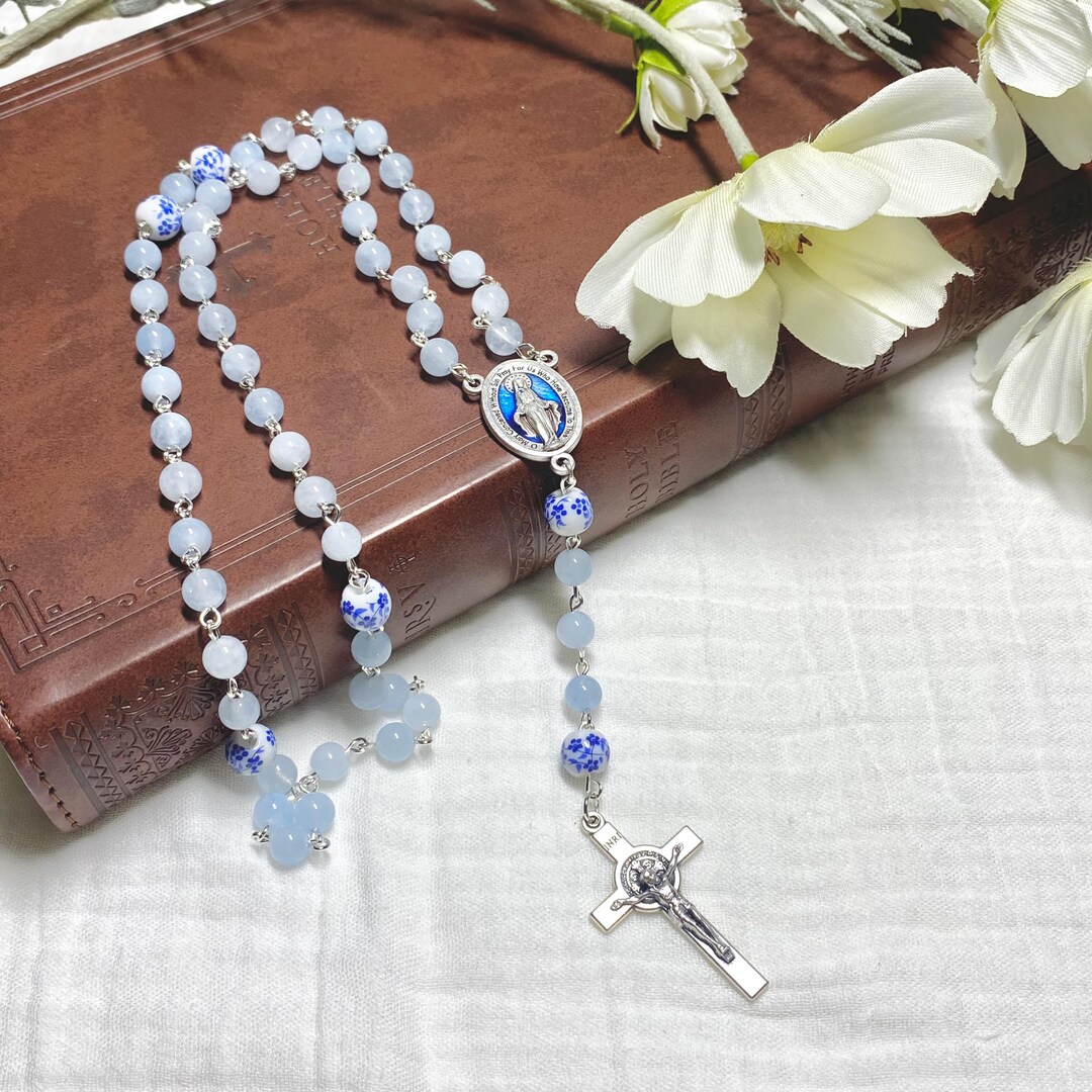 Handmade Catholic Aquamarine Rosary | Floral Porcelain Beads Silver ...