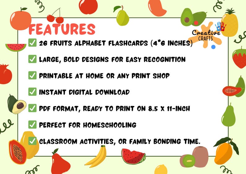 Fruits Alphabet Flashcards for Kids | Illustrated Vocabulary Flashcards ...