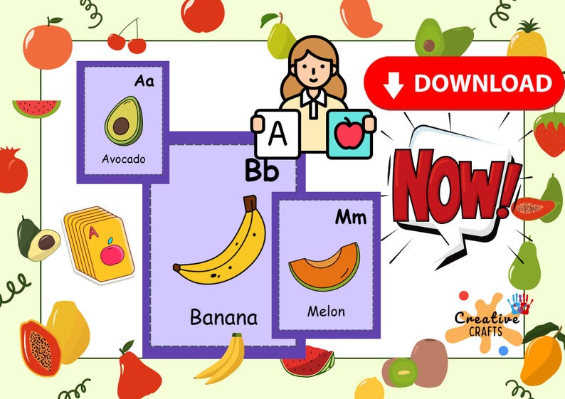 Fruits Alphabet Flashcards for Kids | Illustrated Vocabulary Flashcards ...