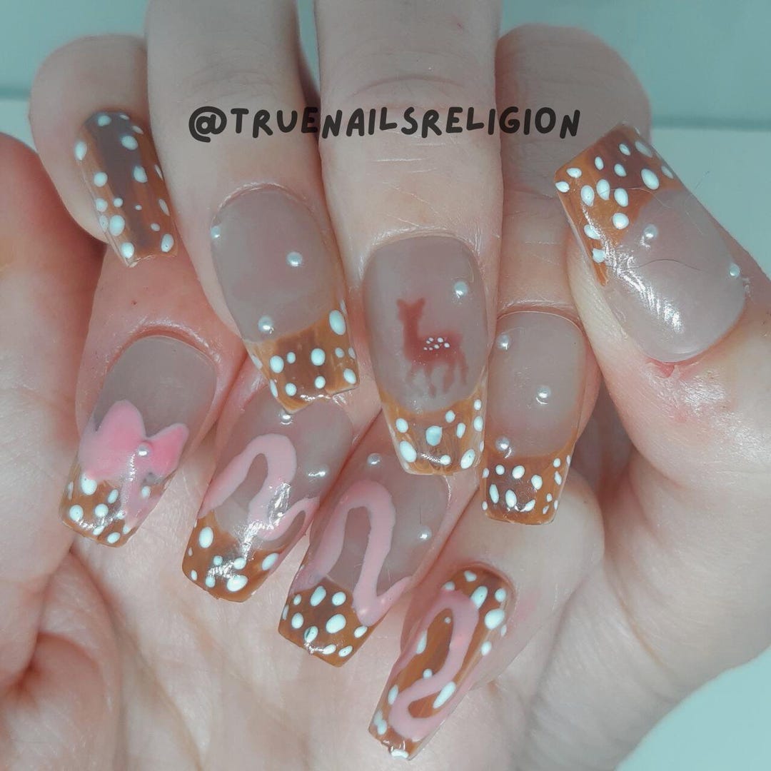 Fawn,deer Pink Ribbon Press on Nails Handmade Medium Gelx Brown and ...