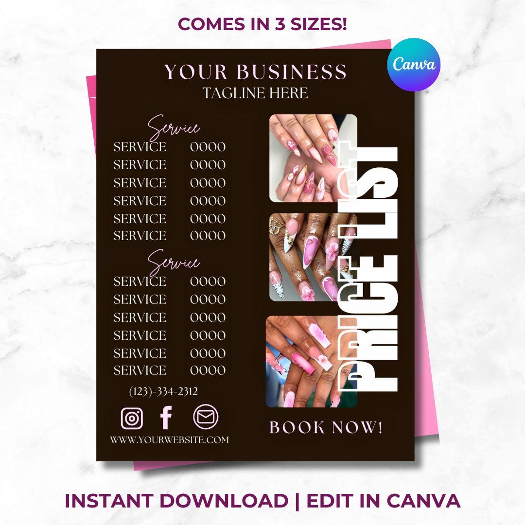 Editable Nail Tech Price List Template | Canva Service Menu Flyer for Nail Artists, Lash Techs ...