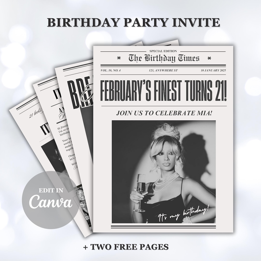 Canva Birthday Party Invite Newspaper Template, Editable Newspaper ...