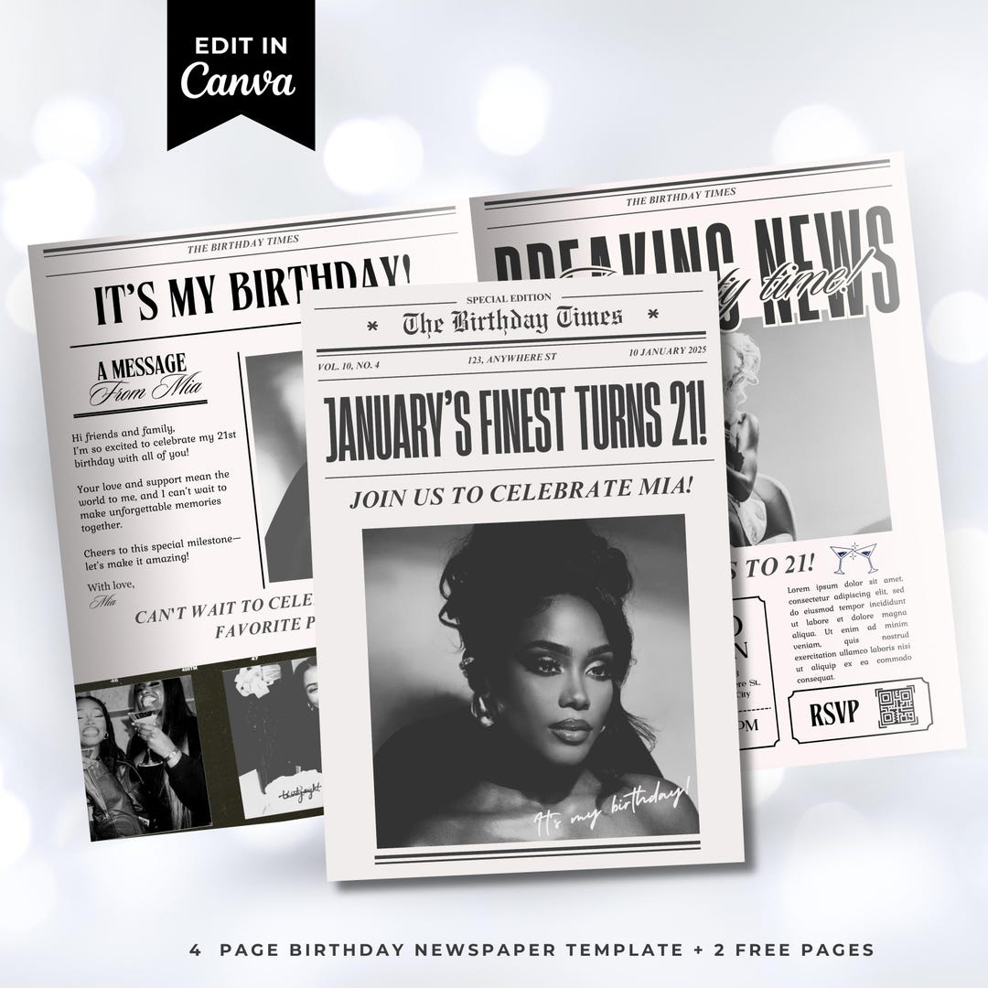 Editable Birthday Newspaper Party Invitation Template (canva) - Etsy