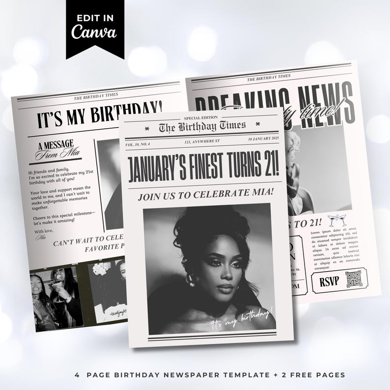 Editable Birthday Newspaper Party Invitation Template (canva) - Etsy