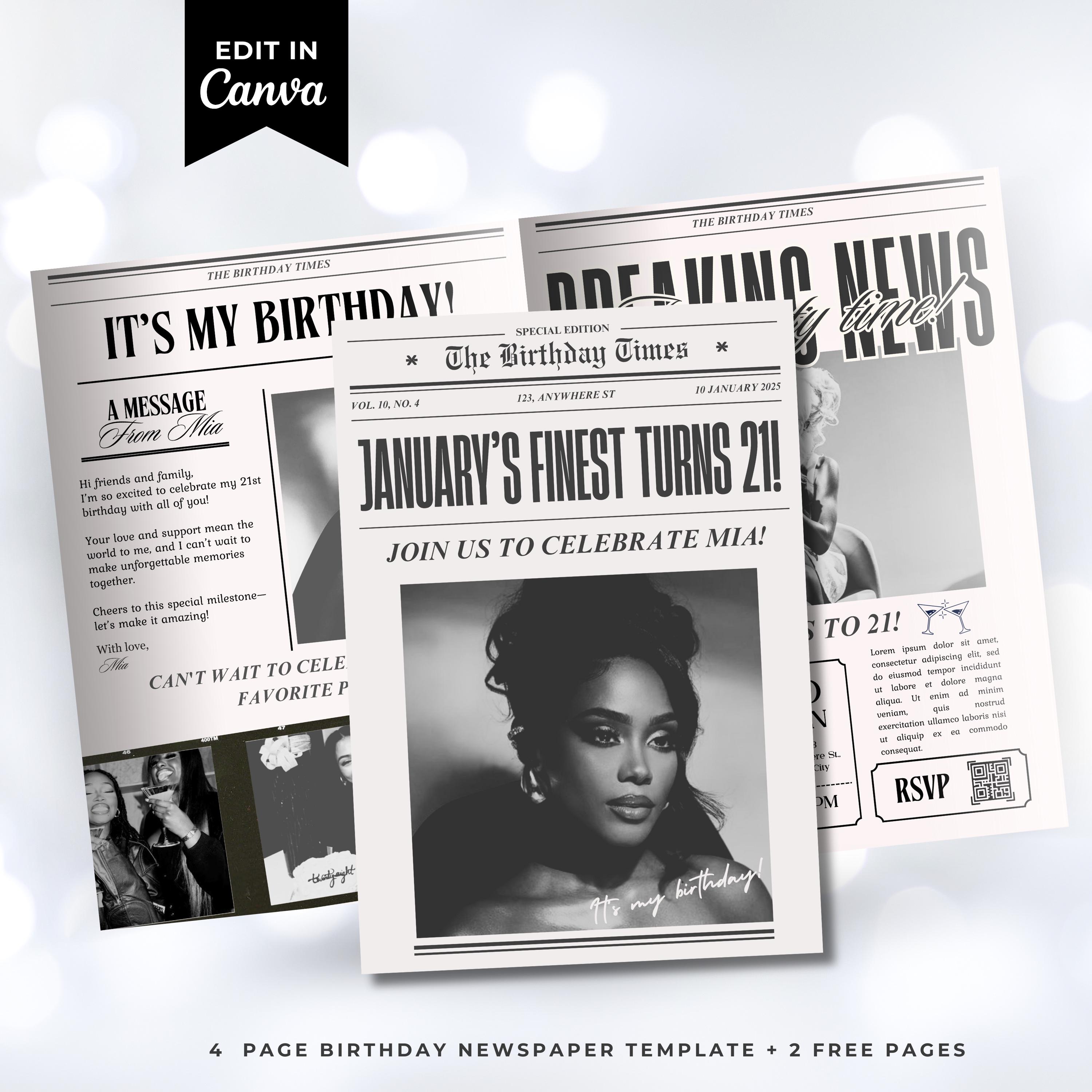 Editable Birthday Newspaper Party Invitation Template (canva) - Etsy