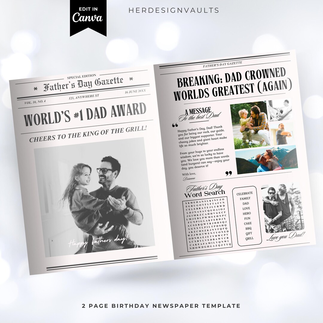 Editable Father’s Day Newspaper Gift | DIY Newspaper for Dad or Grandpa ...