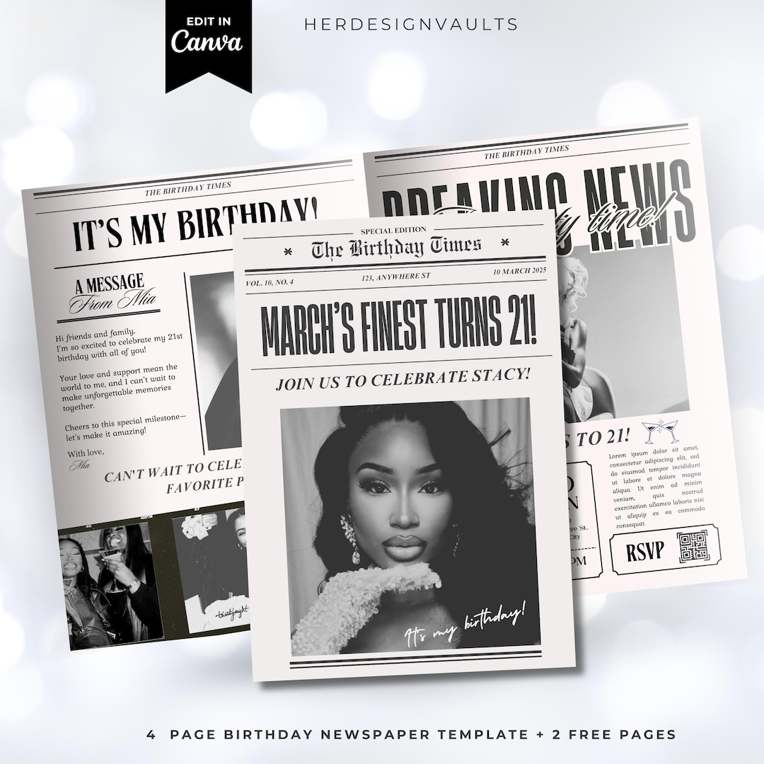 Canva Birthday Party Invite Newspaper Template, Editable Newspaper ...
