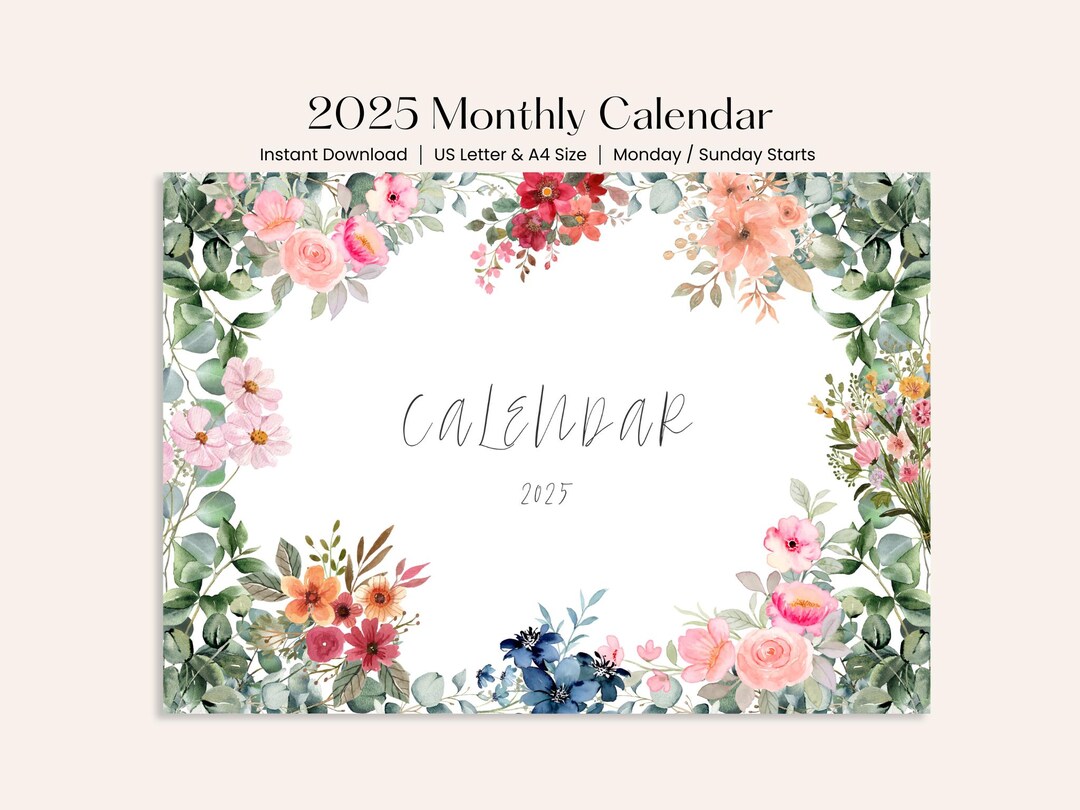 2025 Watercolor Flower Monthly Calendar - Printable PDF, Digital Files ...