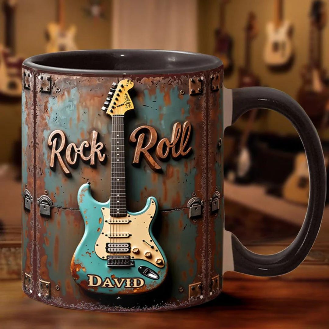Vintage Rock & Roll Personalized Accent Mug, Electric Guitar Player ...