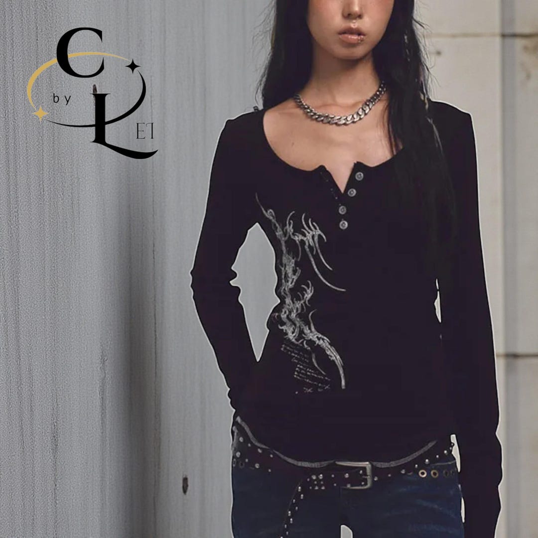Gothic Graphic Long Sleeve Top | Y2K Streetwear - Etsy