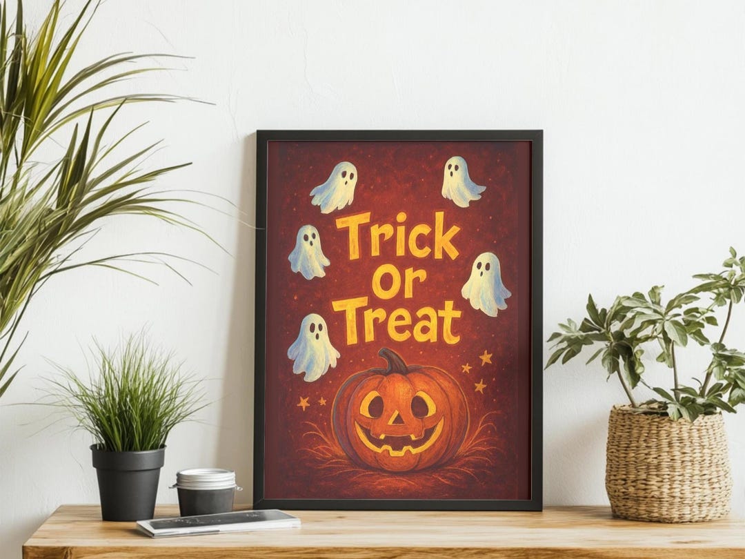 Halloween Poster, Trick or Treat Wall Art, Ghosts and Pumpkin Print ...