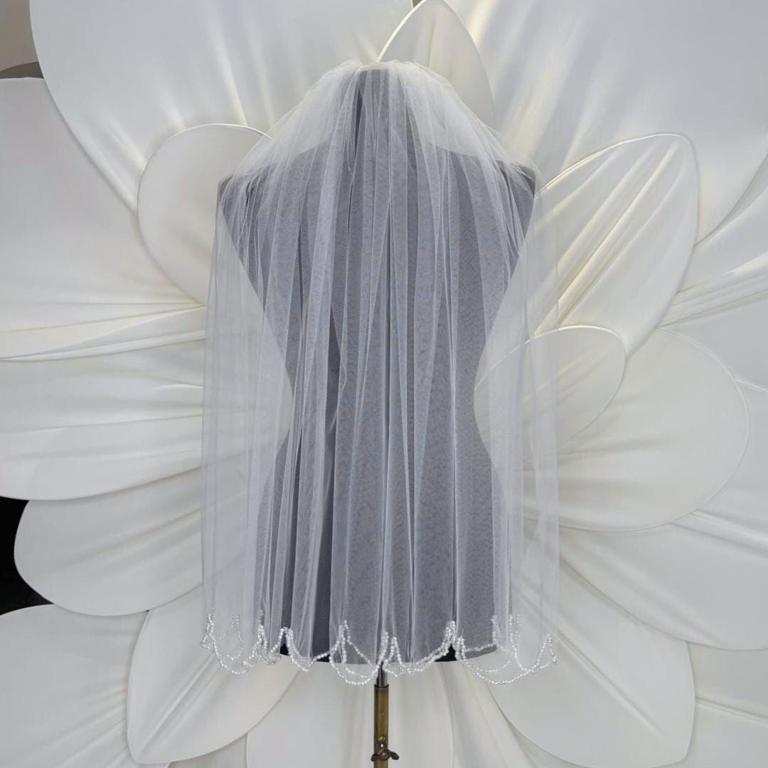 Handmade Pearl & Crystal Embroidered Wedding Veil - Half Moon Short ...