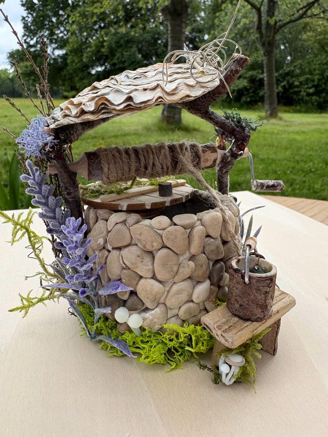 Rustic Fairy Garden Wishing Well: Handmade Seashell Roof Diorama - Etsy
