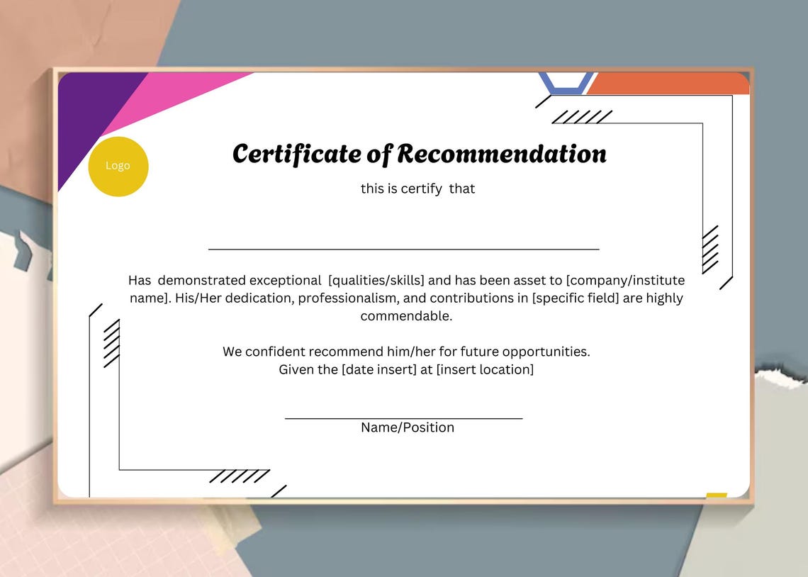 Editable Certificate of Recommendation Template Instant Download & Easy ...