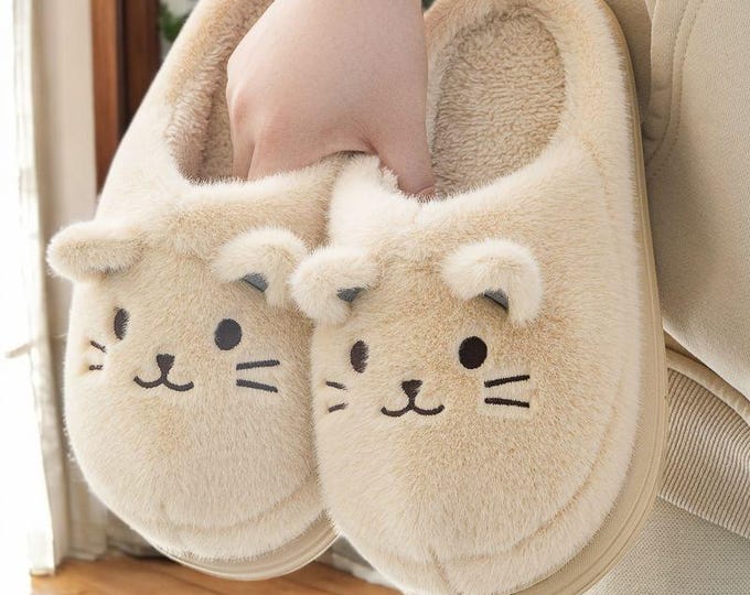 Home Slippers for Couples | Cozy Furry Plush Cat Slides | Warm Non-slip ...